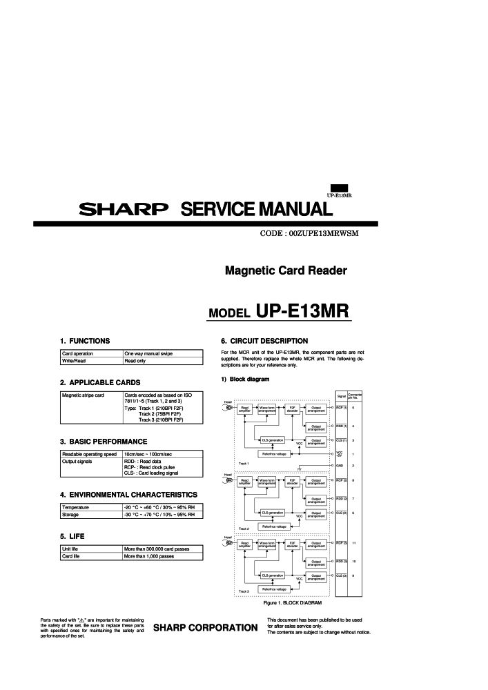 Sharp UP-E13MR option service magnetic card reader manual PDF - The ...